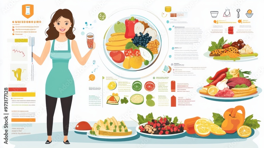 infographic of a woman with balanced diet foods including vegetables ...