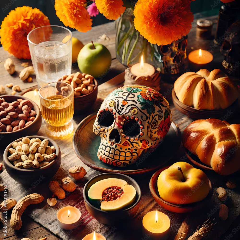 Ofrenda tradicional de día de santos difuntos en México, con calaveras ...