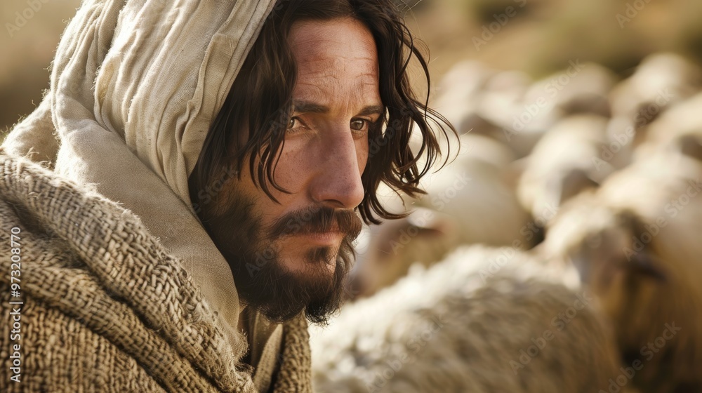Jesus as a shepherd with a peaceful expression watching over his flock ...