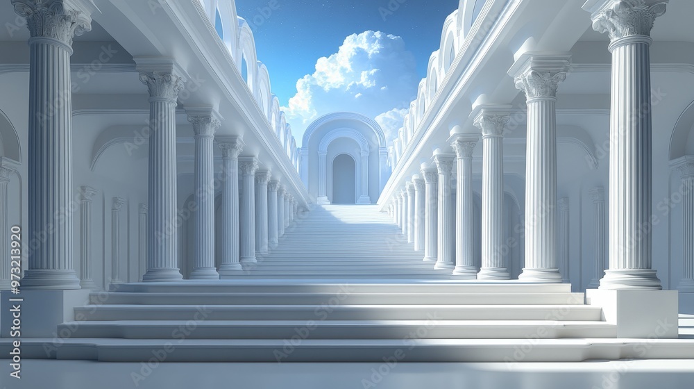 Elegant stairway in a classical architecture, showcasing grand columns ...