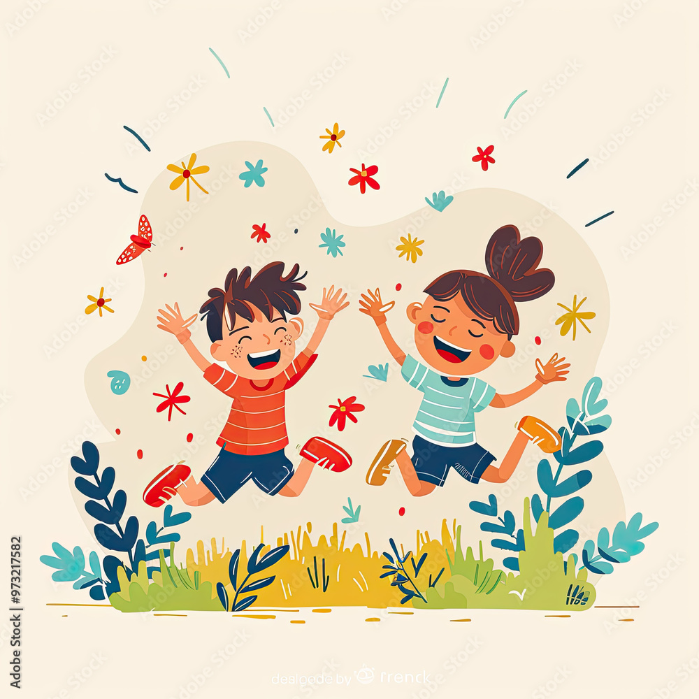 Happy kids jumping together, white background Stock Illustration ...