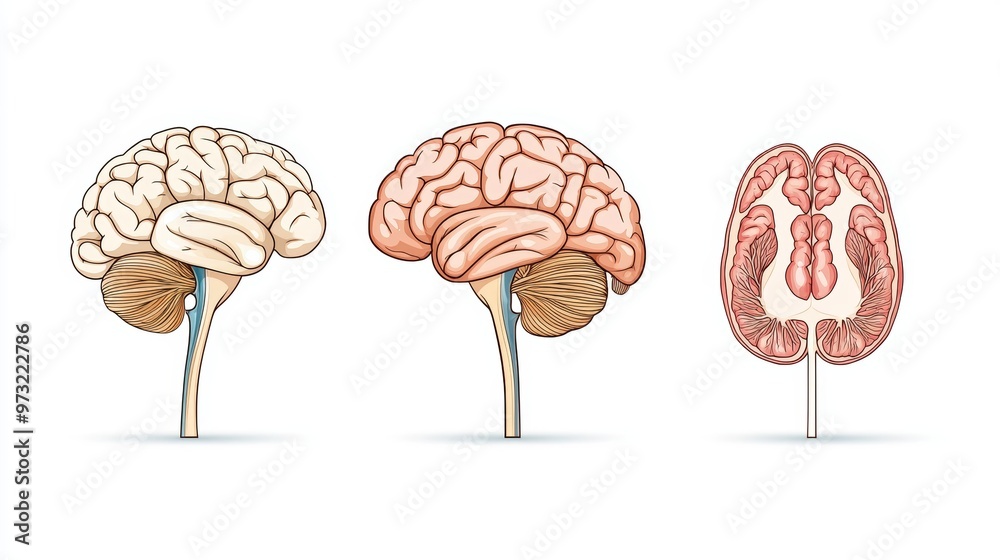 Human Brain Anatomy Illustration Side View and Cross Section Stock ...