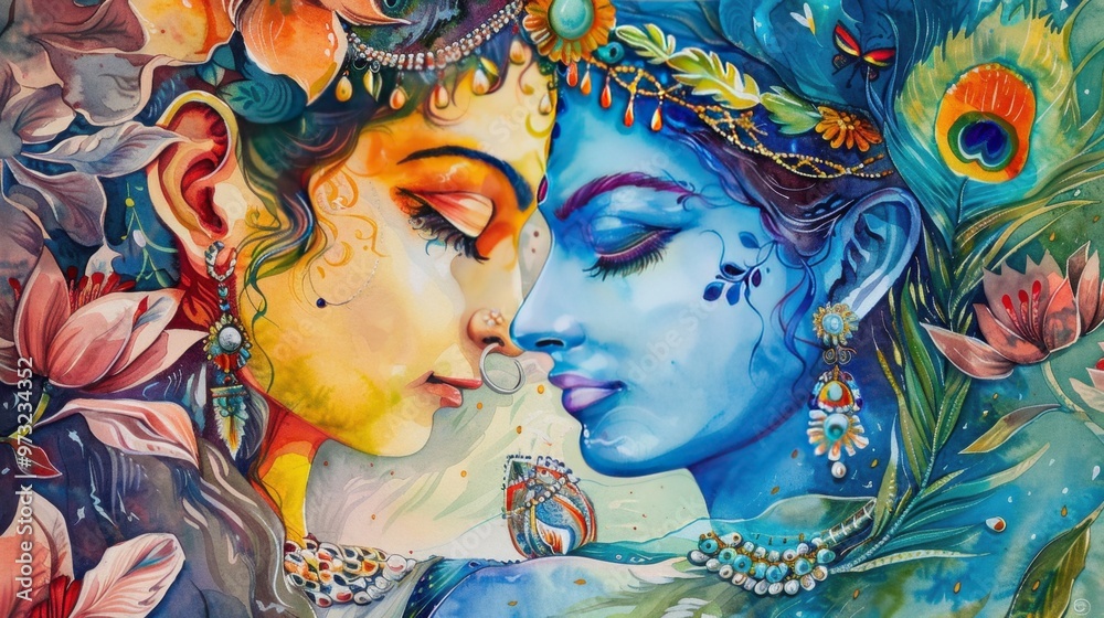 Colorful Indian Mythology Artwork Depicting Lord Krishna and Radha ...