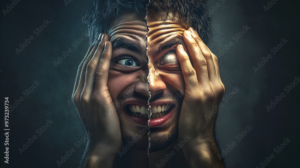 Highly expressive split face portrait showing the contrast between ...