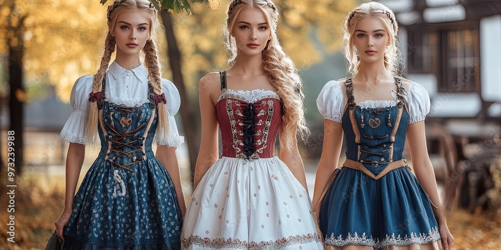 fashion photography of three pretty young women in beautiful bavarian ...