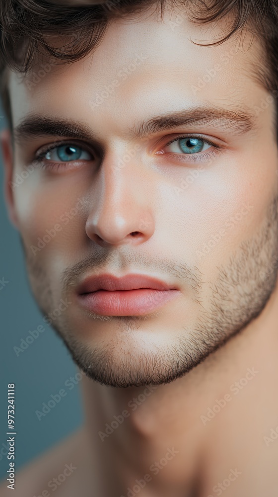 Young man with striking blue eyes and chiseled jawline poses against a ...