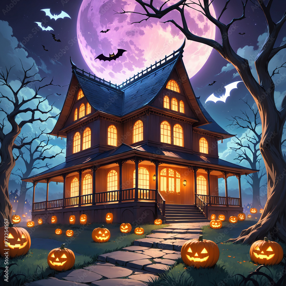 Halloween haunted house and witch character cartoon illustration ...