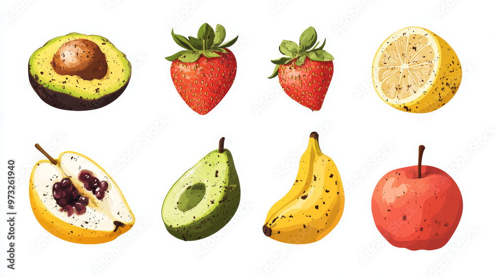 "Rotten fruits slowly decaying contrasted with fresh fruits in a food ...