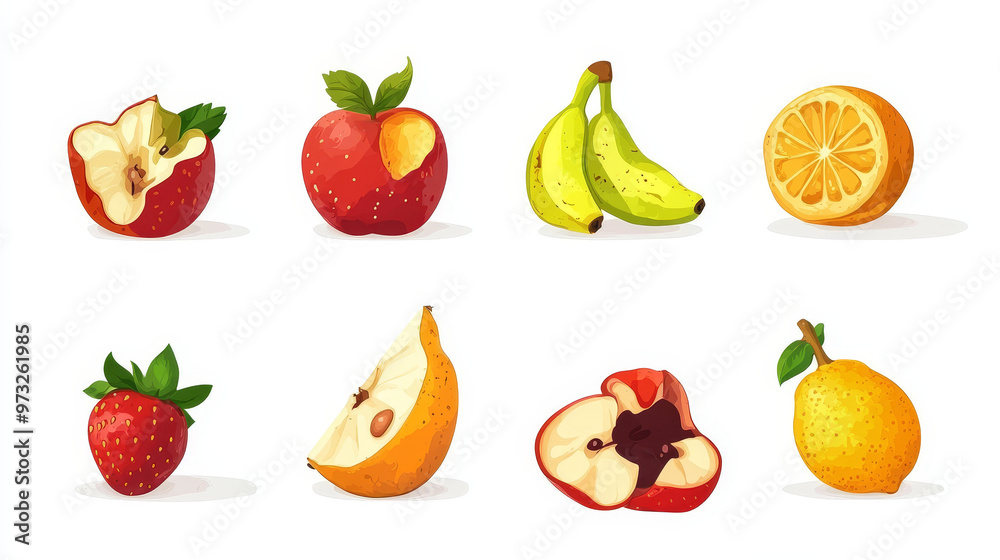 "Rotten fruits slowly decaying contrasted with fresh fruits in a food ...