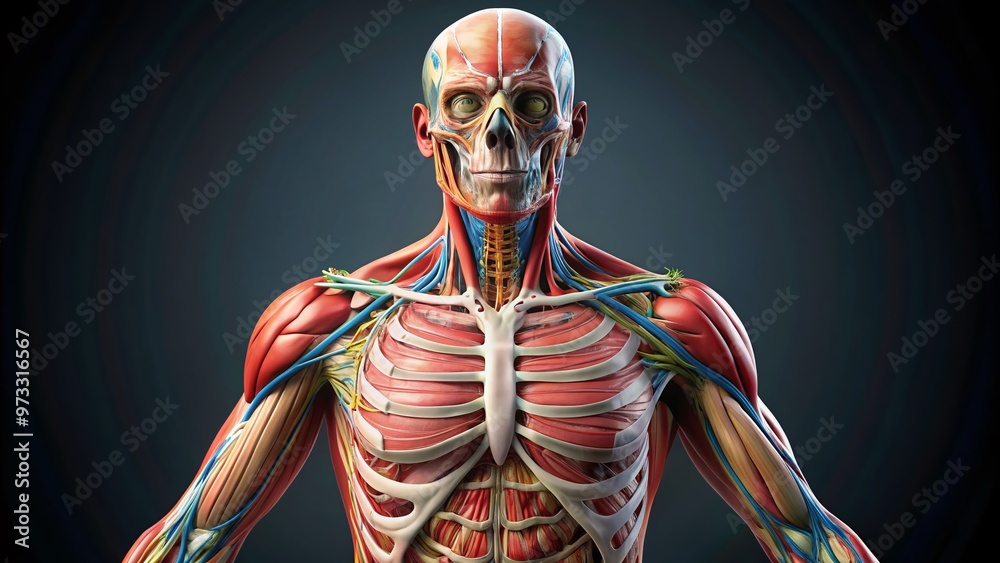 Detailed illustration of the human torso anatomy, showcasing skeletal ...