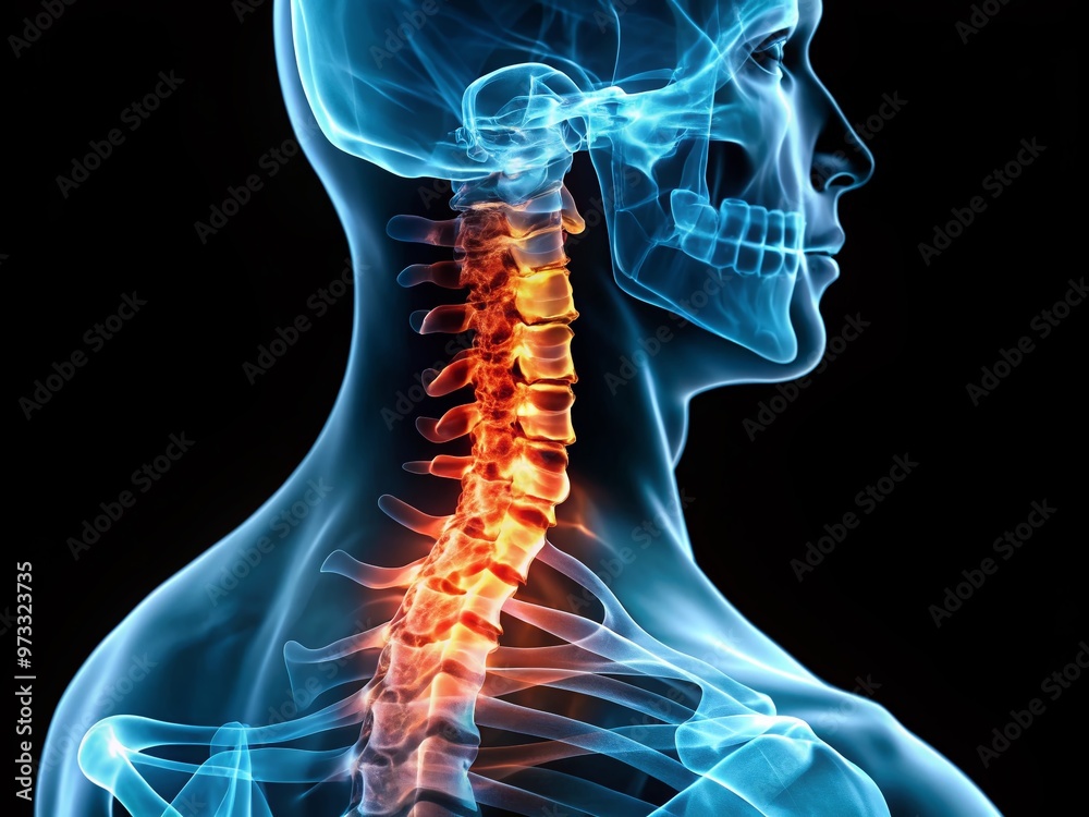 High-contrast X-ray image of the cervical spine, detailing vertebrae ...