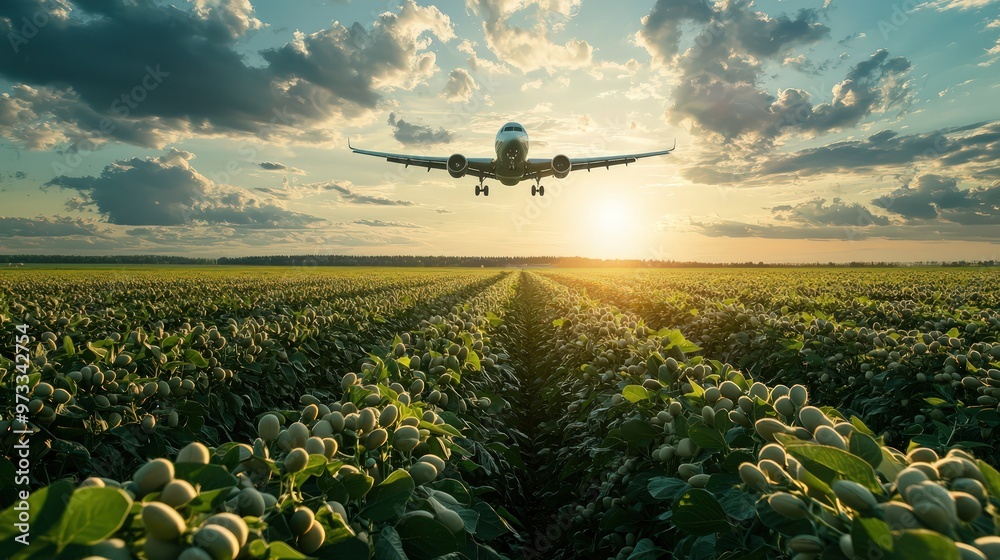 Sustainable aviation fuel concept with a flight above a soybean farm ...