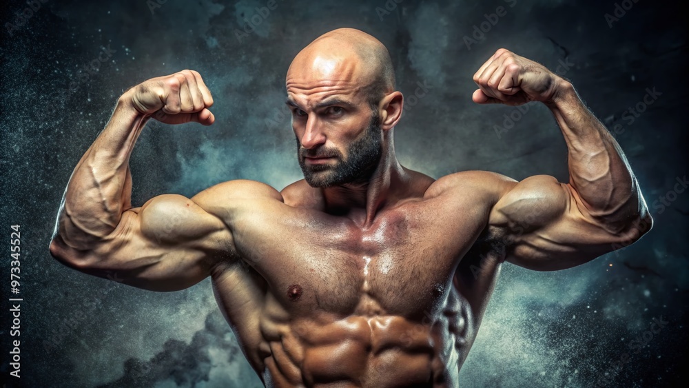 Sweaty, muscular, bald man in his 30s, shirtless and glistening, flexes ...