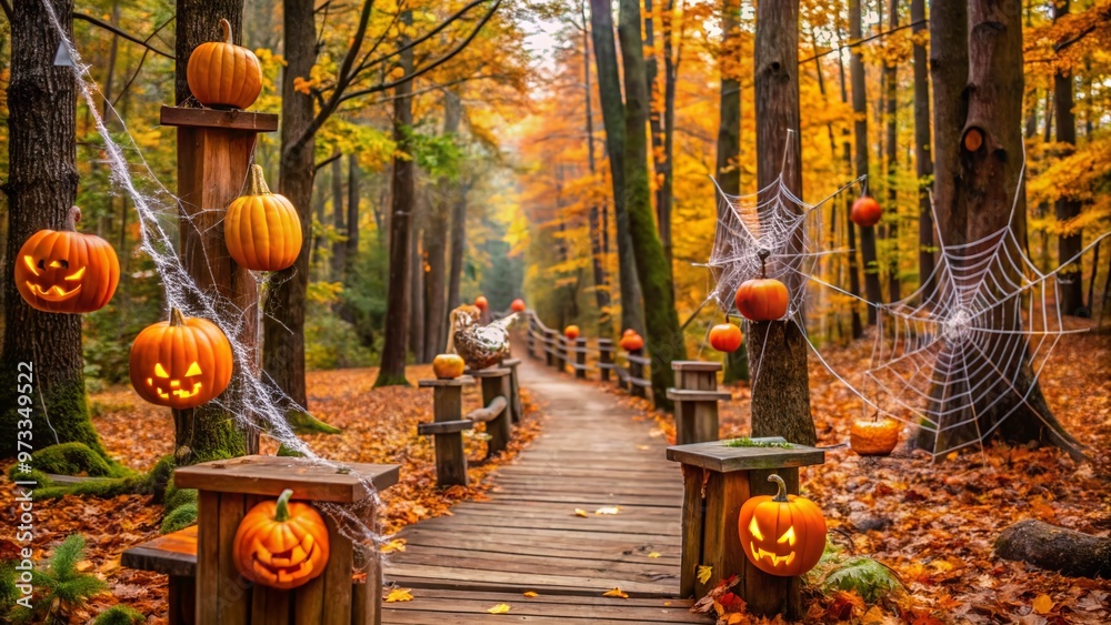 Vibrant autumn foliage surrounds wooden trail signs adorned with spider ...