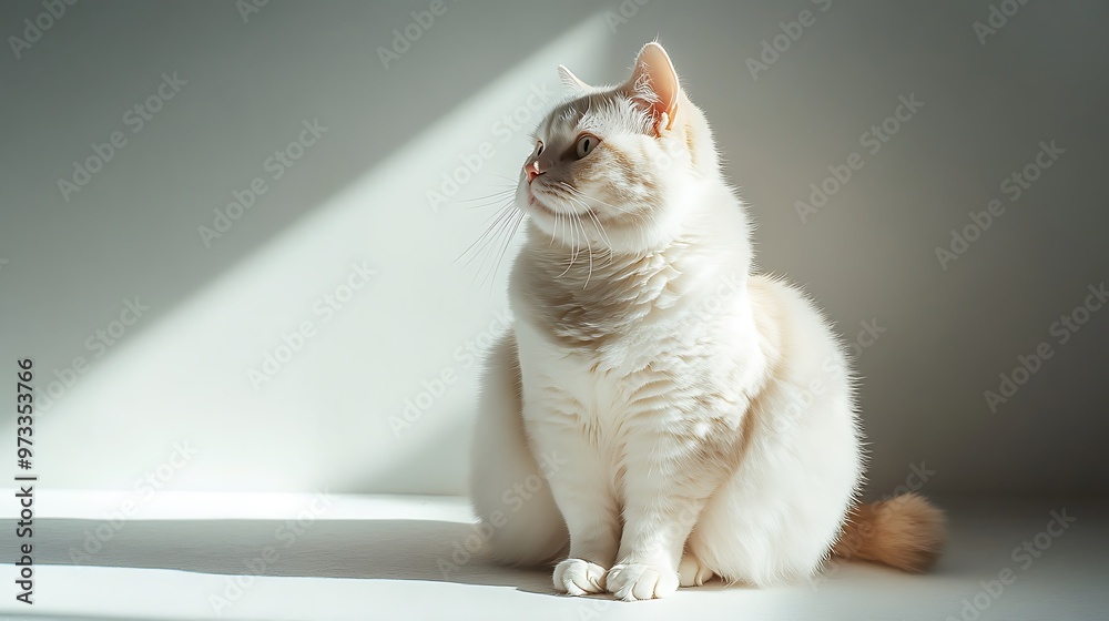 Full-body image of a fat white cat sitting on a light-colored surface ...