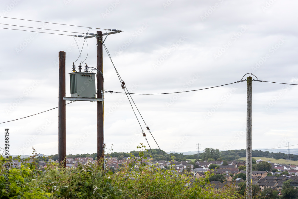 Electricity supply transformer and distribution power lines on wooden ...