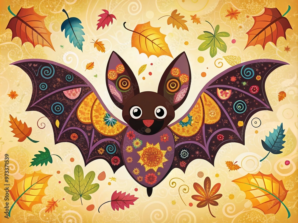 Whimsical illustrated Halloween bat silhouette with colorful wings and ...