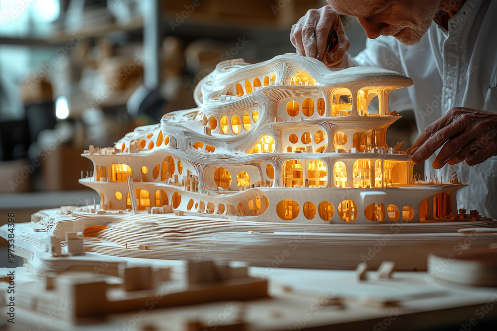 An architect using unconventional materials to build a model of a new ...