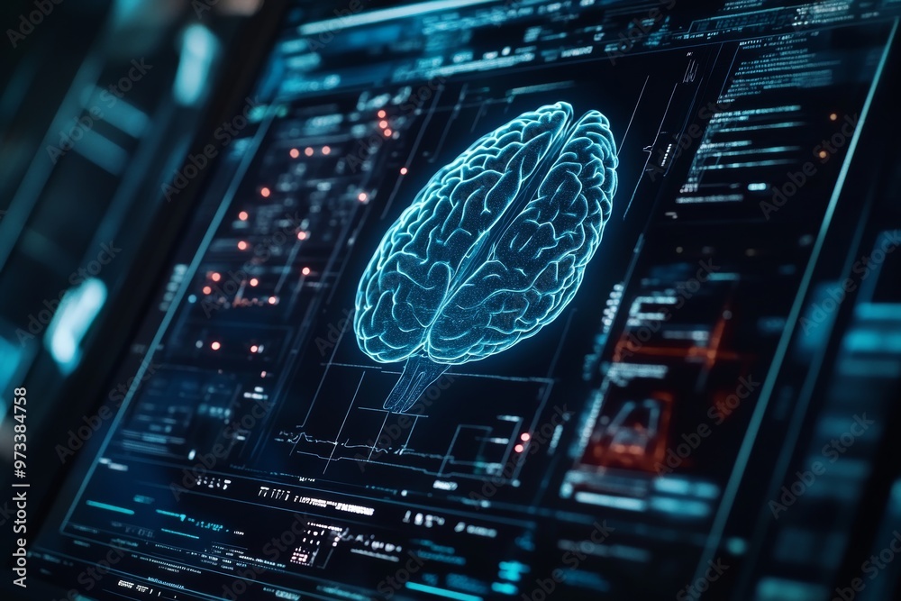 Digital Brain Scan Screen Animation Analyzing Cerebral Data and Cognitive Functions Stock ...