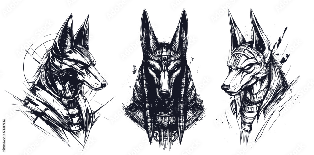 Anubis tattoo sketches. Egyptian god of death dog head ink sketch, myth jackal face portrait ...