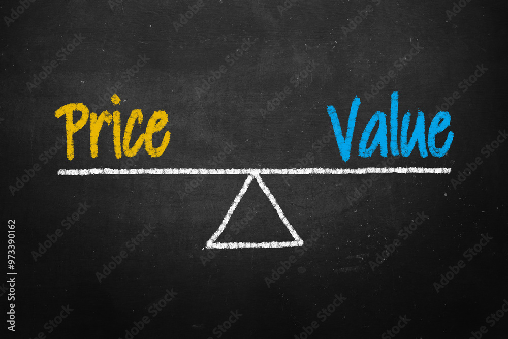 Text word price and value balance on seesaw drawing writing on ...