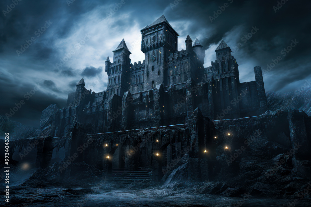 Dark spooky castle at night, scary medieval gothic palace on full moon ...
