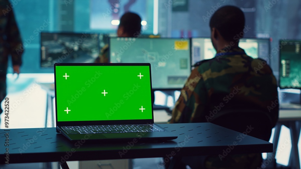 Fotografie Greenscreen running on a laptop in military base command ...