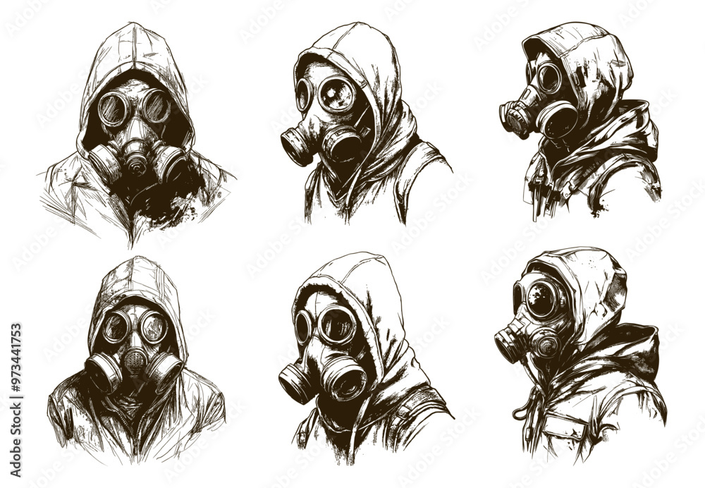 Man in gas mask sketch. Adult human in hood face protection, pollution ...