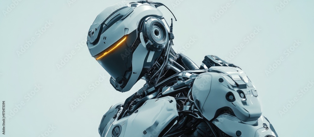 Futuristic mech soldier in a combat stance Military robot operated by a ...