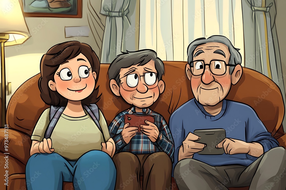 Cartoon illustration of three generations using digital devices. Family ...