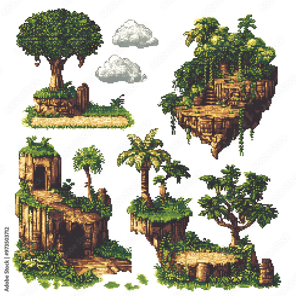 Pixel art jungle landscape set for game design Stock Illustration ...