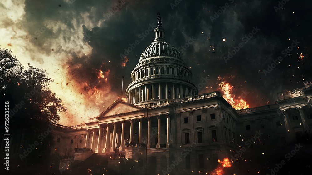 Capitol building burning in fire, dark sky with smoke, chaos, disaster ...