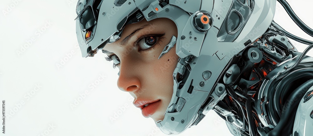 Angry cyborg girl prepares for an attack against a white backdrop in ...