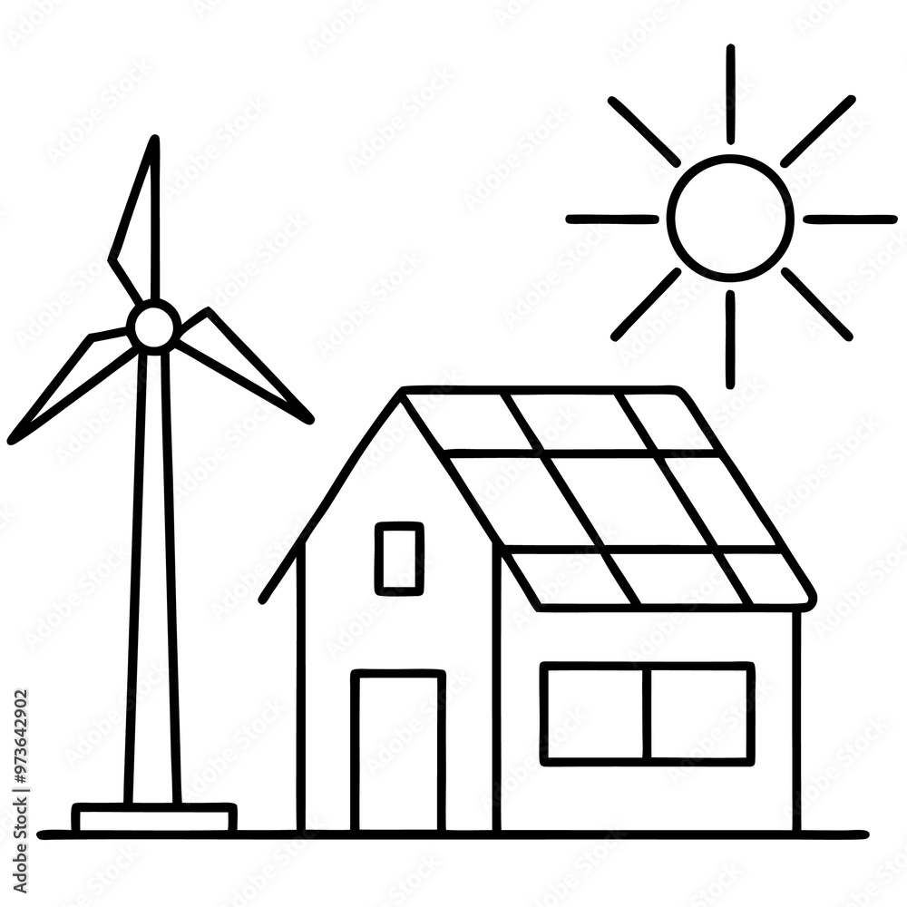 house solar panels wind turbines outline coloring book page line art ...