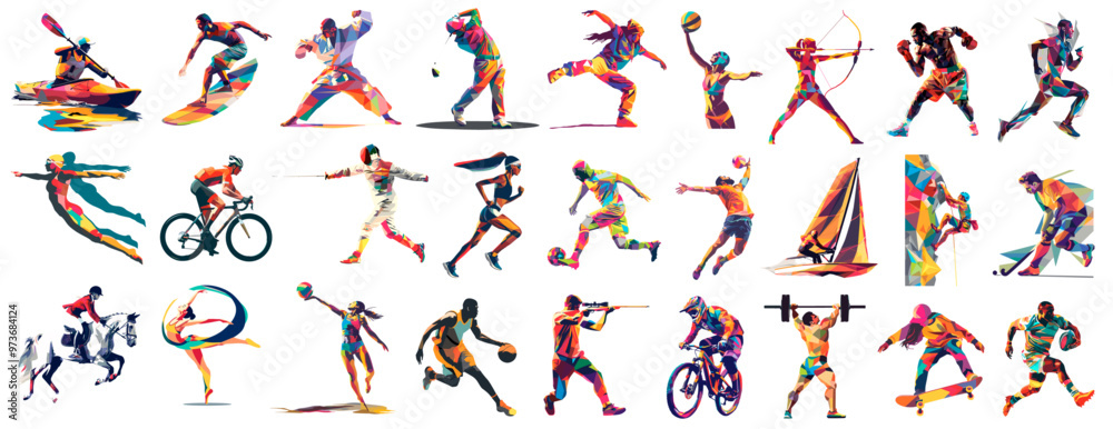 Different sports athletes illustrations. Colorful geometric design ...