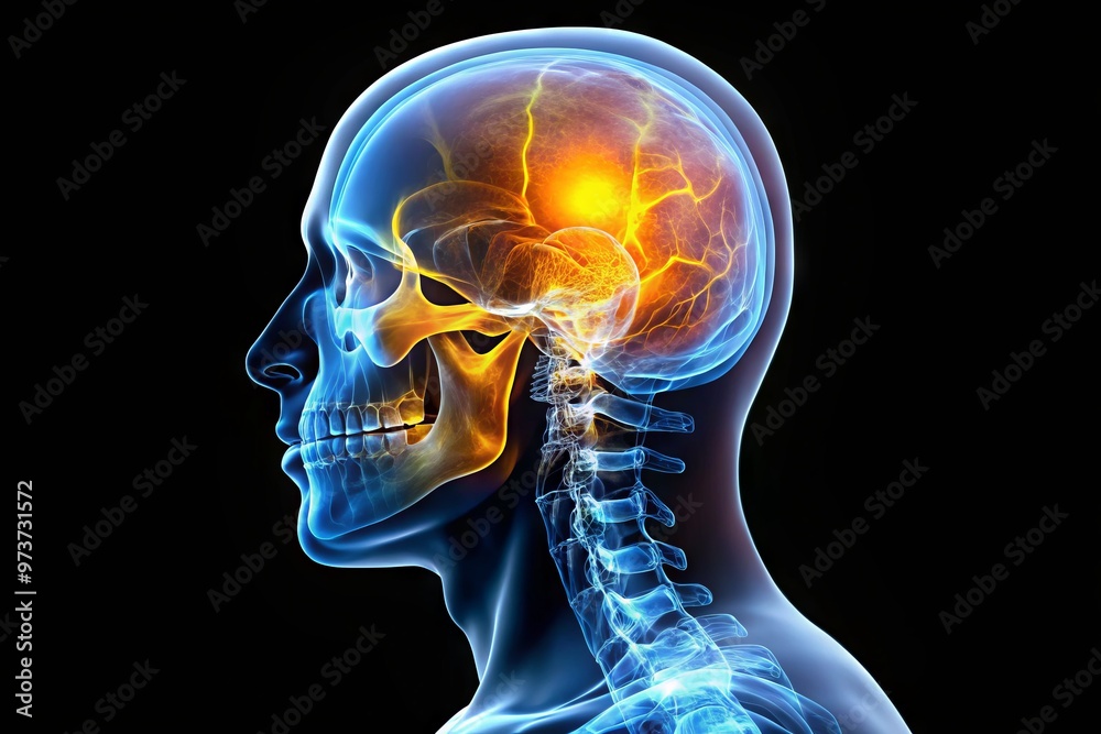 A detailed X-ray image shows the occipital protuberance, a bony ...