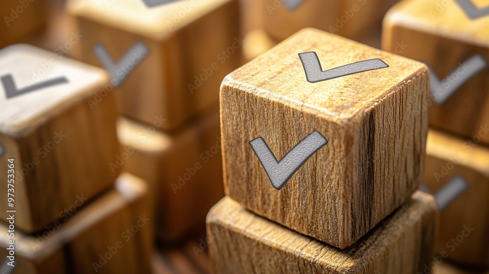 52. A detailed image of wooden blocks with check mark icons ...