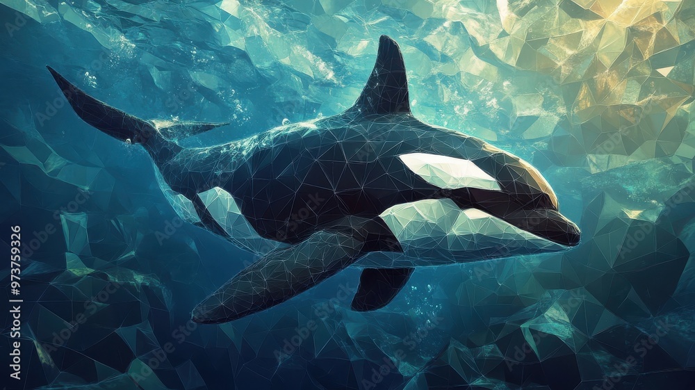 Stylized 3D orca, floating through a geometric seascape, its body ...