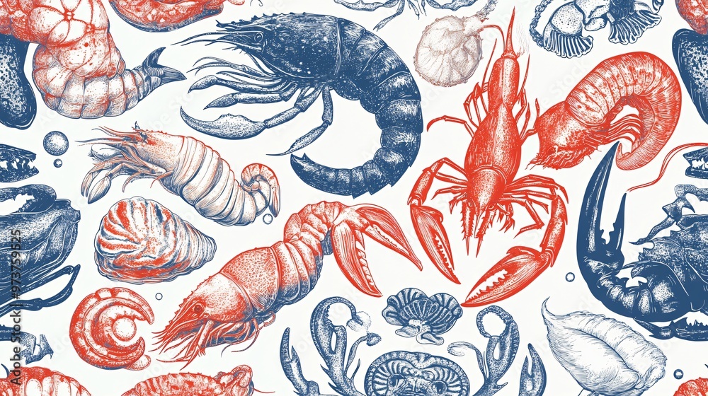 95. An engaging vector background filled with hand drawn seafood items ...