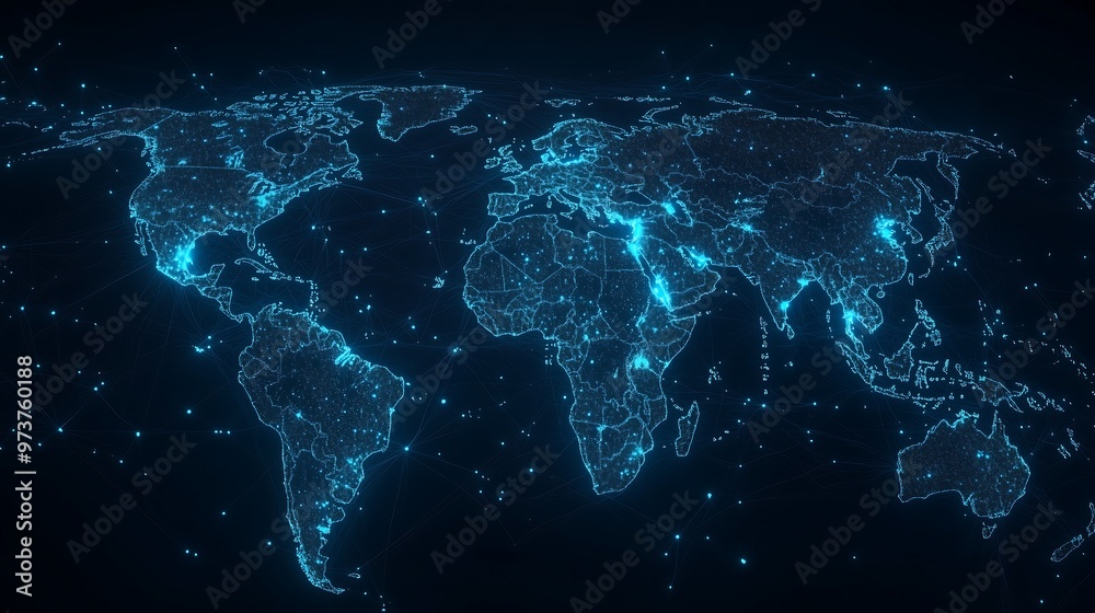 Digital map of the world, dark blue themed illustration of planets ...