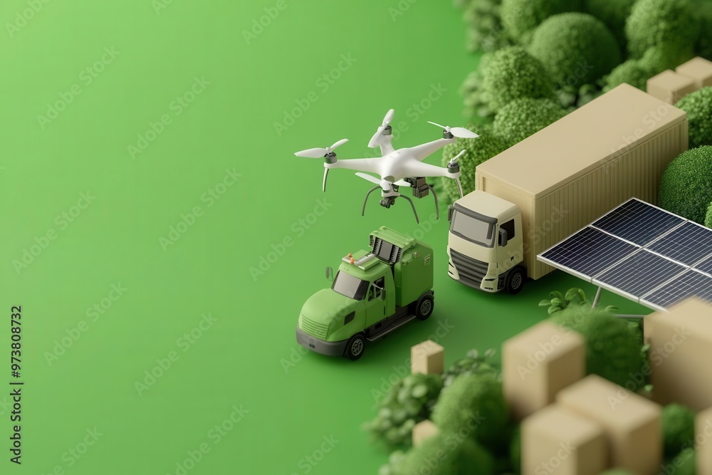 Green logistics concept with solar-powered drones and electric trucks ...