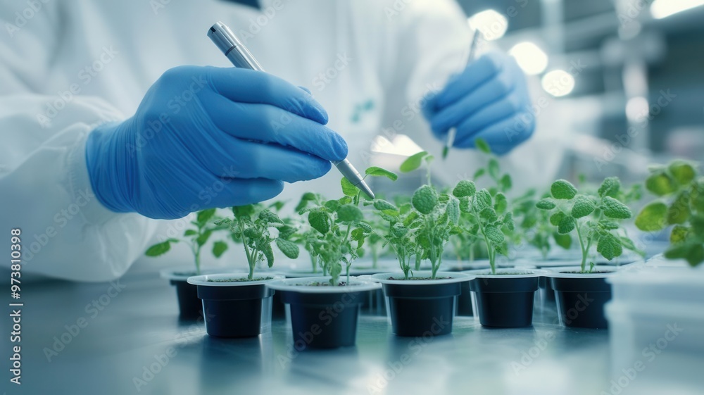 Scientists in a futuristic eco-lab studying plant genetics to combat ...