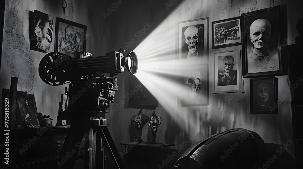 A black-and-white vintage horror setup featuring an old film projector ...