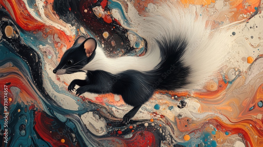 Skunk in a surreal landscape, floating amidst whimsical shapes and ...