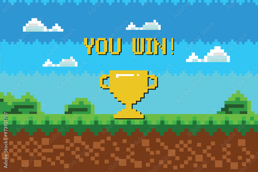 you win, players. pixel game background, natural landscape with blue ...