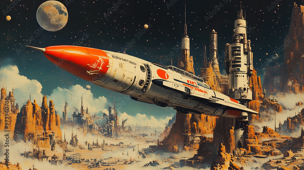 Retro Futuristic Rocket Launch: A vintage-inspired illustration ...
