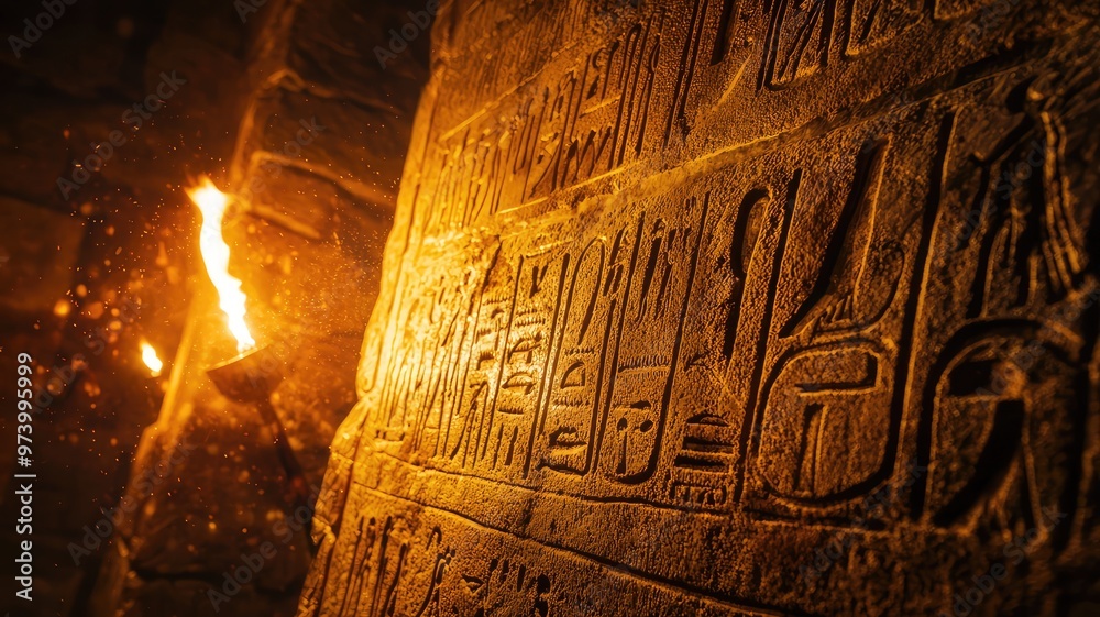 Ancient Egyptian hieroglyphics illuminated by torchlight, showcasing ...