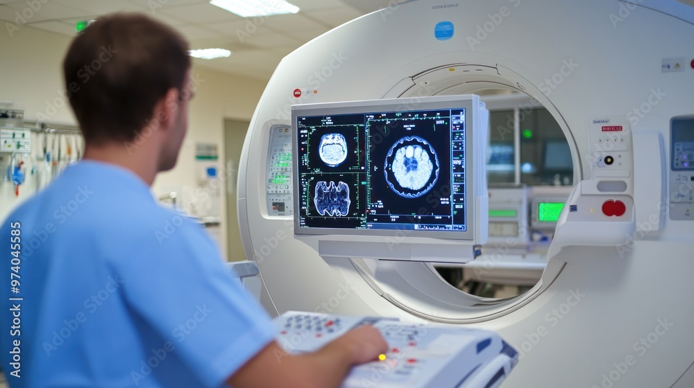 Healthcare technology in action, with a close-up of the CT scanner ...