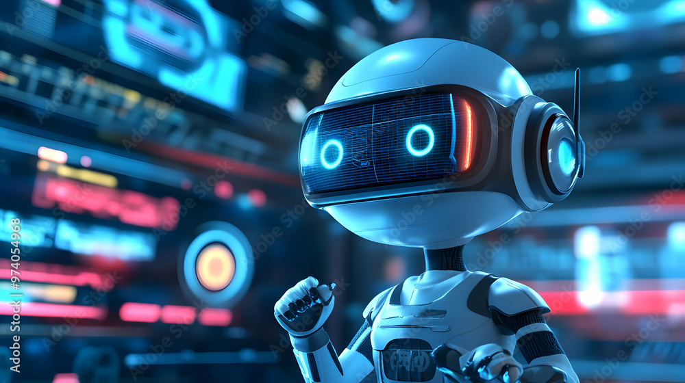 A futuristic 3D cartoon figure with sleek VR glasses, engaged in a high-tech virtual training ...