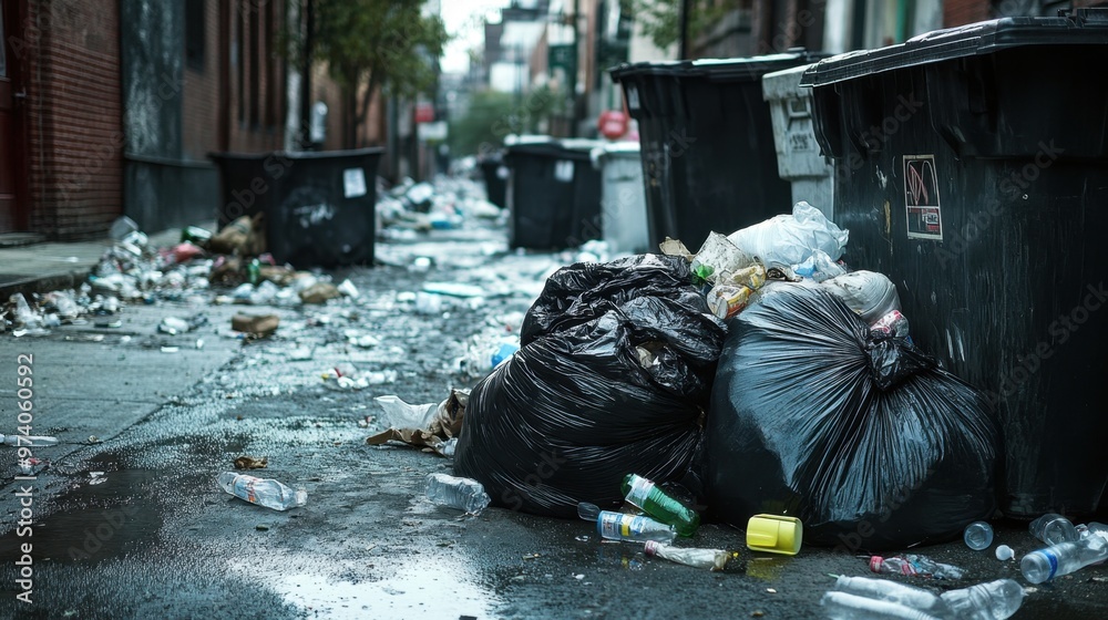 Stock-Foto „Overflowing dumpsters in city streets garbage bags spilling ...